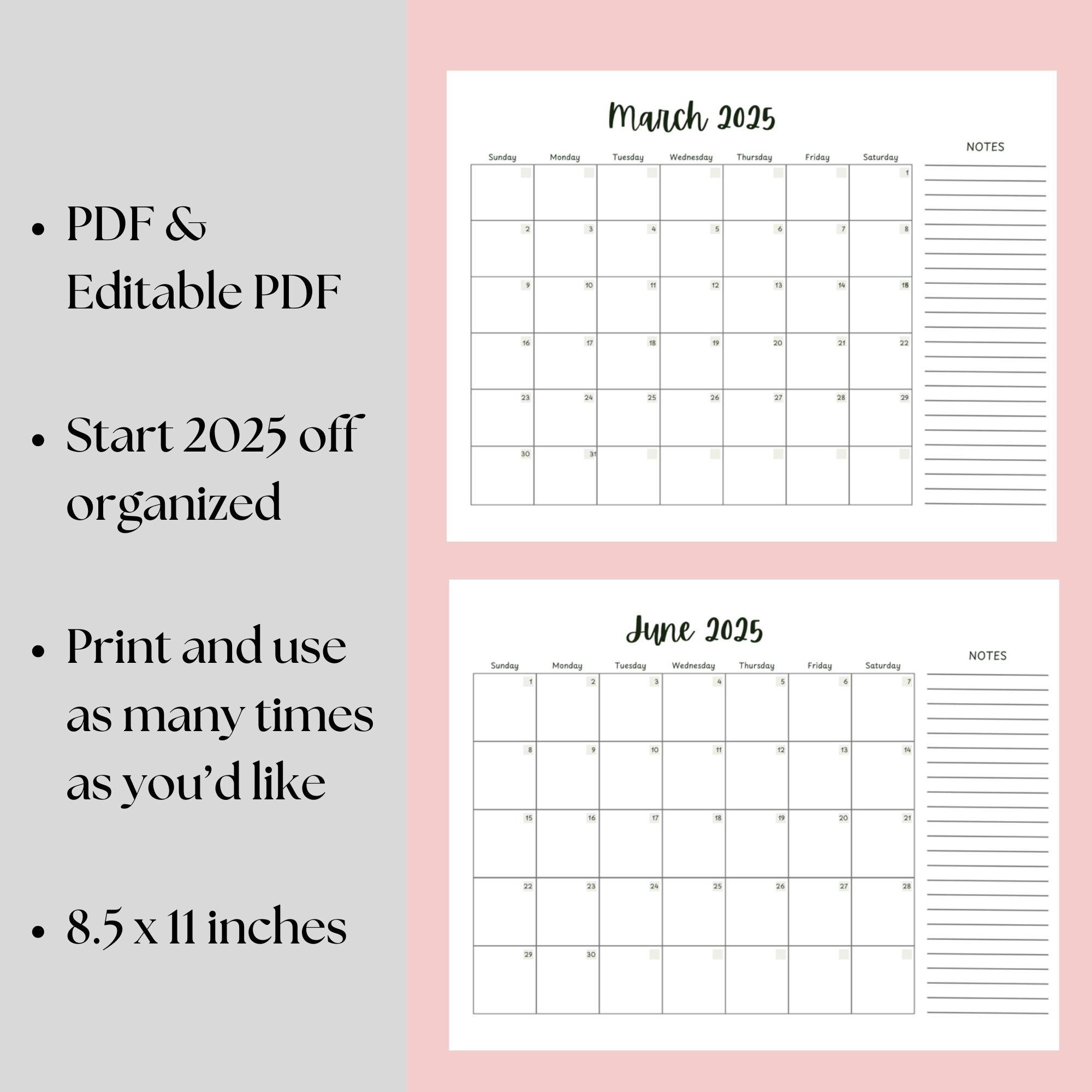 Blank Calendar With Notes | 2025 Calendar | 2025 Calender | Monthly ...