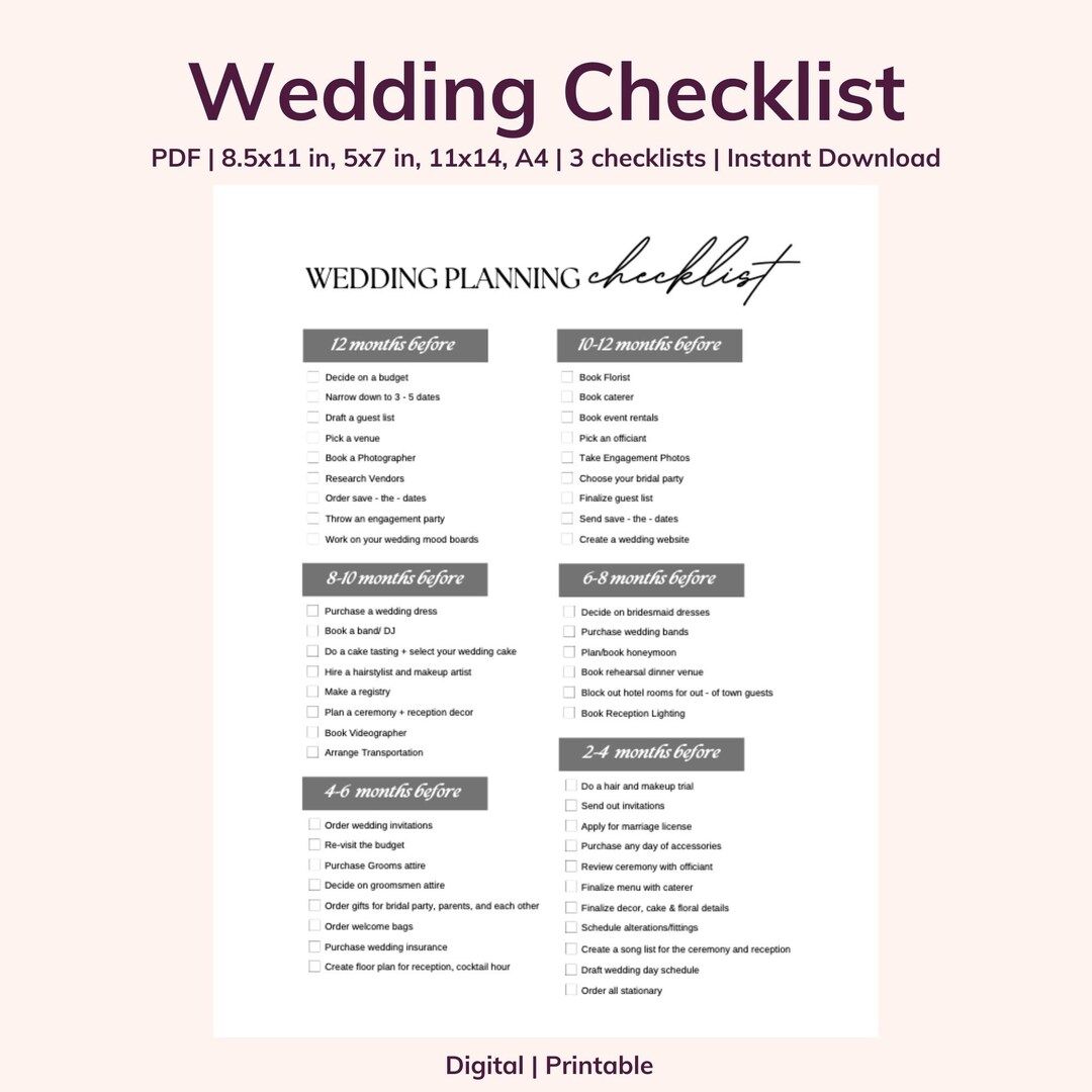 Printable Wedding Checklist Template PDF in Multiple Sizes | PDF | 8 ...
