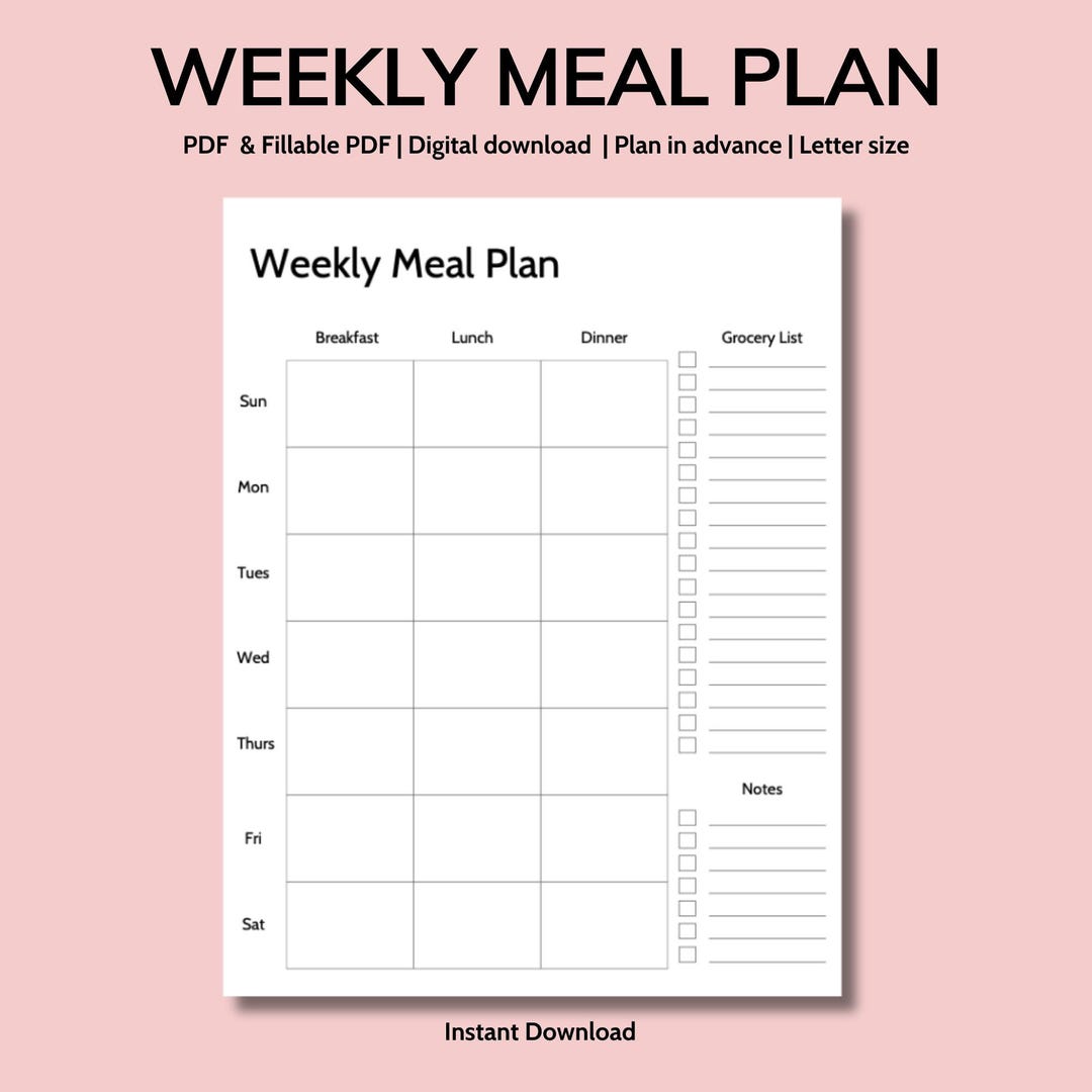 Weekly Meal Plan Printable Weekly Meal Planner Weekly Meal Planning PDF & Fillable PDF Printable ...