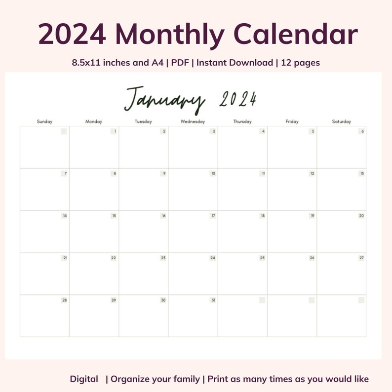 Blank Calender 2024 Calender Monthly Calendar Printable Digital 2024 ...