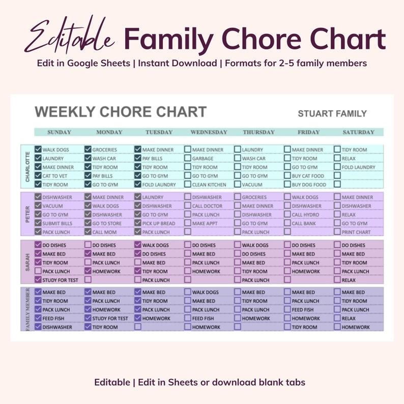 Kids Chore Chart | Responsibility Chart | EDITABLE With Google Sheets ...