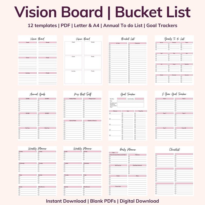 Vision Board Template 2024 Bucket List 12 Templates 5 Yr Goals Annual ...