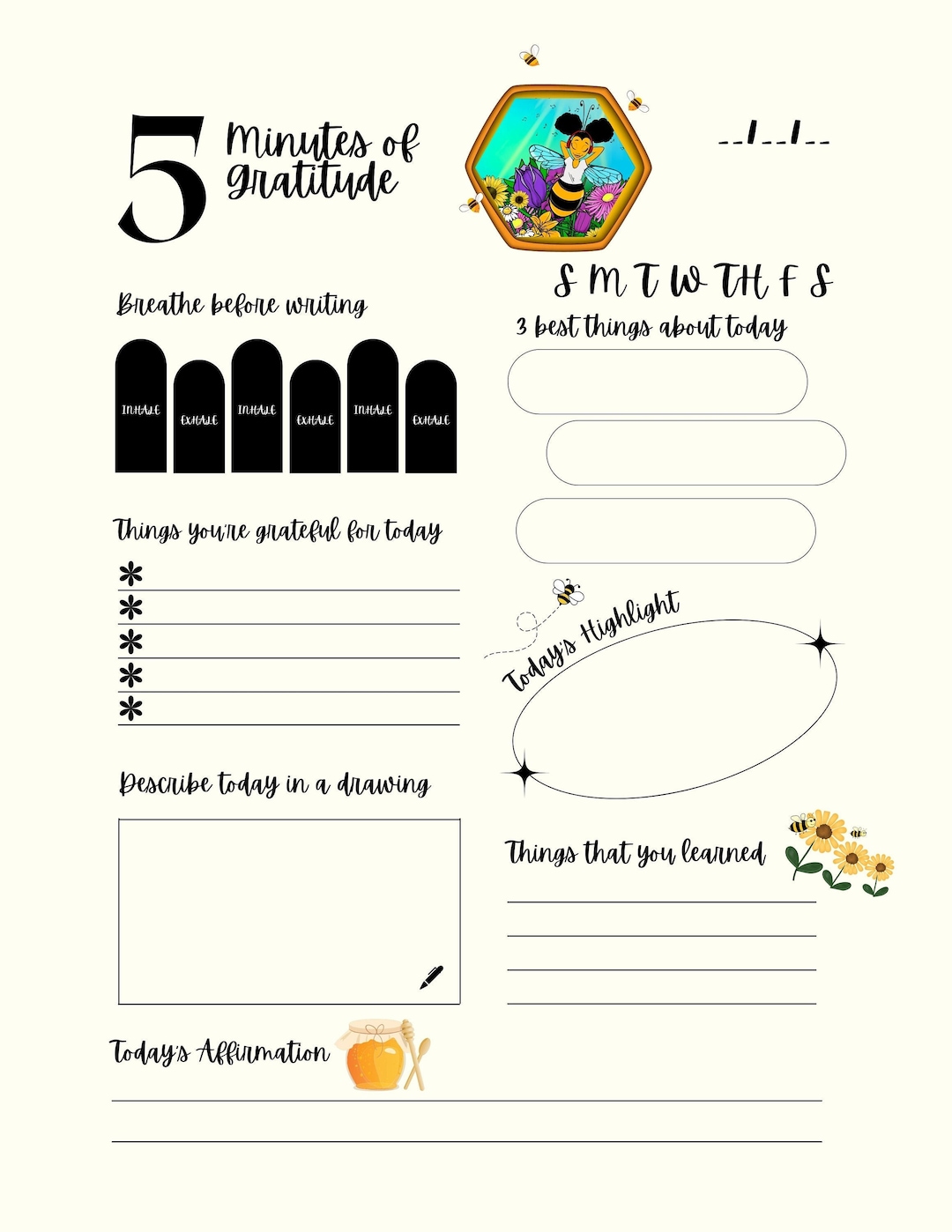 Bumble Bee Daily Gratitude Printable Journal Sheet for Kids - Etsy