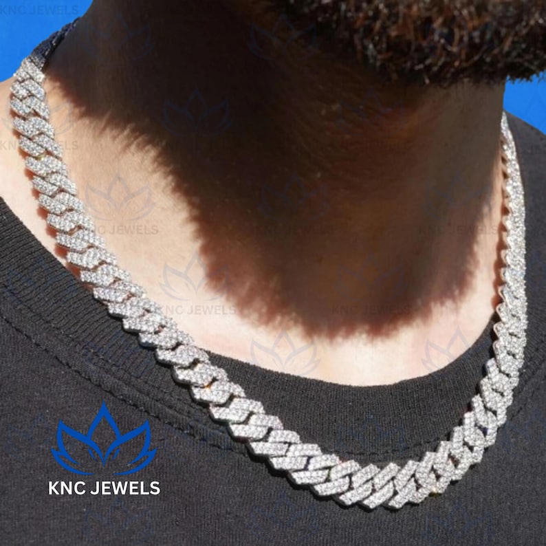 8mm Wide Moissanite Micro Prong Cuban Link Chain Necklace Solid 925 ...