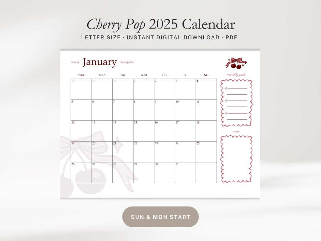 Cherry Calendar | 2025 Printable Calendar | Cherry Bow Calendar | Cute ...