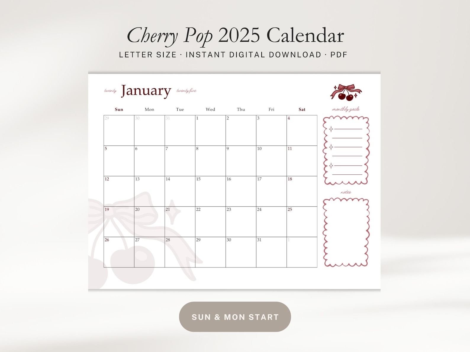Cherry Calendar | 2025 Printable Calendar | Cherry Bow Calendar | Cute ...