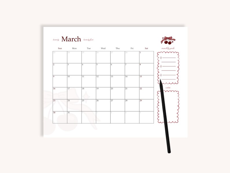 Cherry Calendar | 2025 Printable Calendar | Cherry Bow Calendar | Cute ...