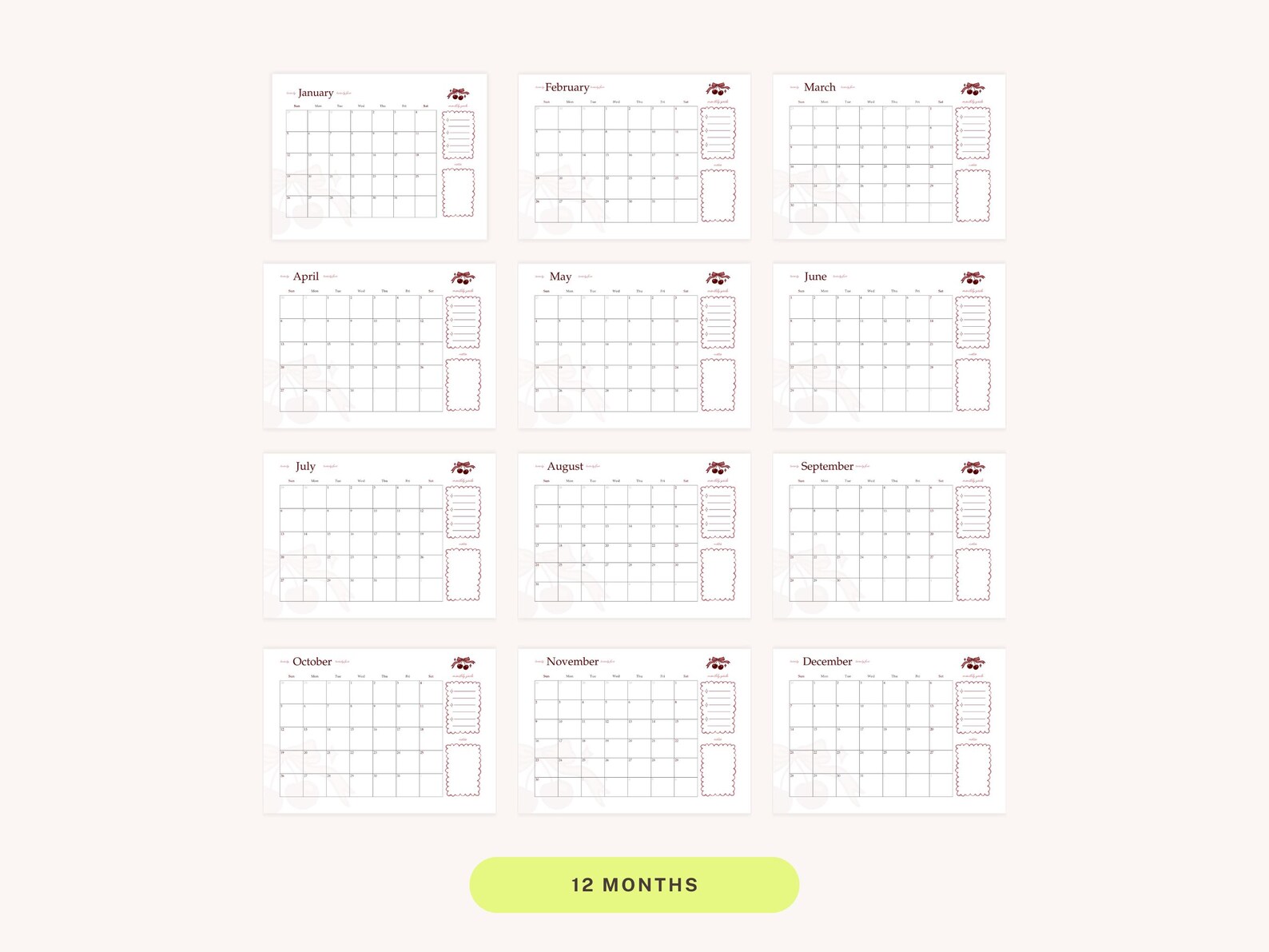 Cherry Calendar | 2025 Printable Calendar | Cherry Bow Calendar | Cute ...