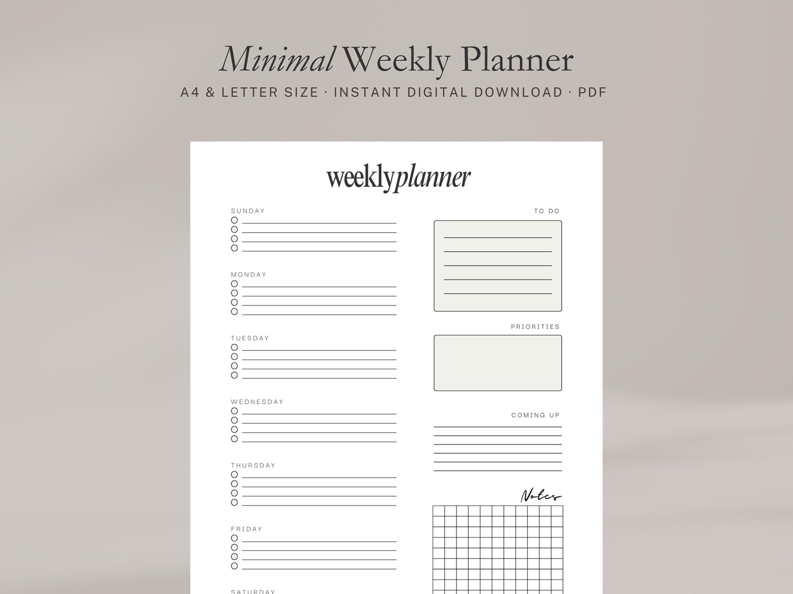Minimal Weekly Planner Printable | A4, Letter Size (digital Download ...