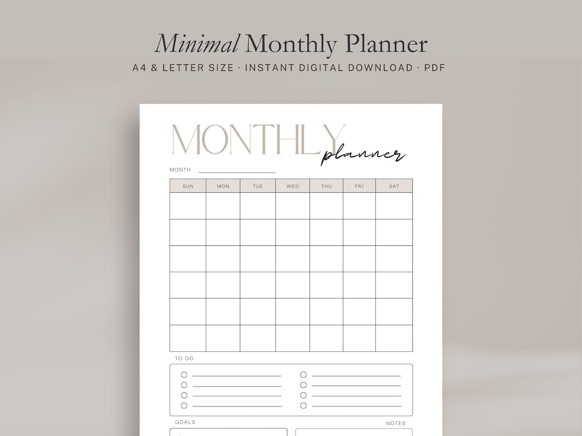 Minimalist Monthly Planner Printable | A4 & Letter Size (PDF) - Etsy