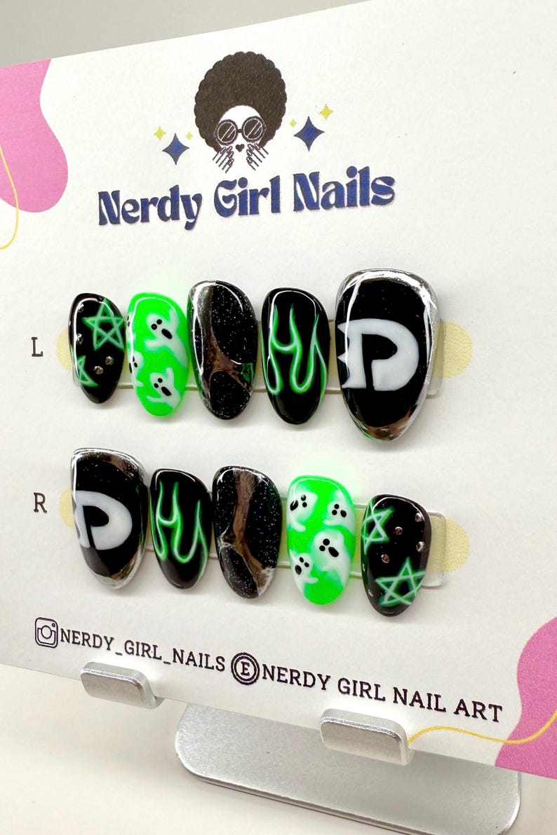 Cartoon TV Show Inspired Neon Green Ghosts Hand Painted Press on Nails ...
