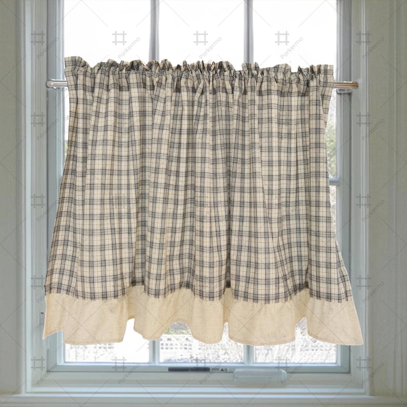 Rod Pocket Checkered Tiers Cafe Curtain With Ruffle, Farmhouse Country ...