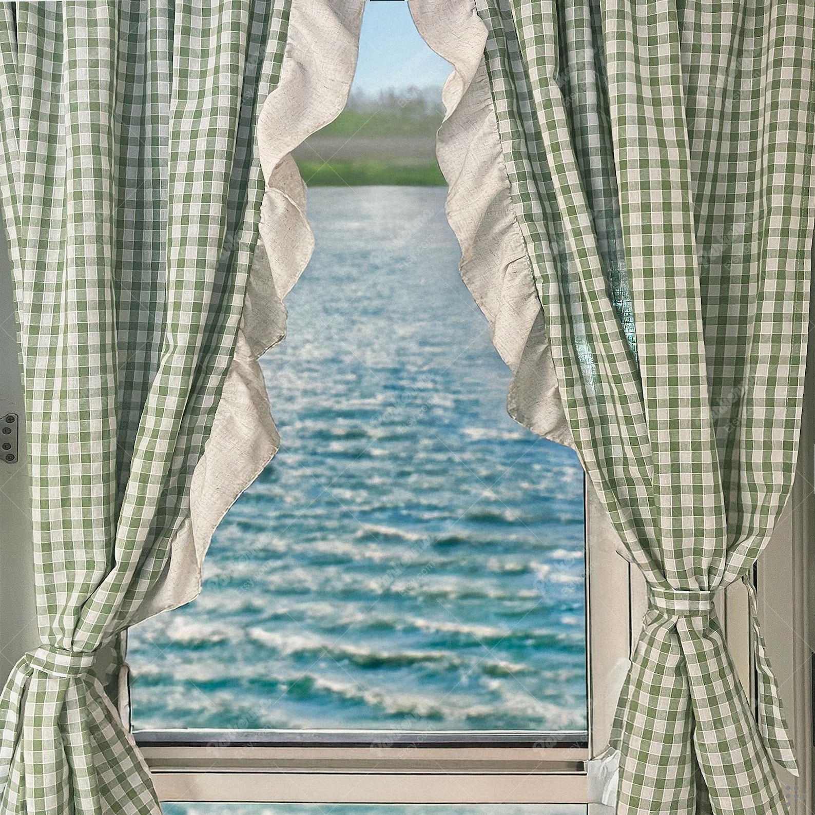 Mint Green Gingham Cafe Curtains: Ruffle Trim Farmhouse Door Curtains ...