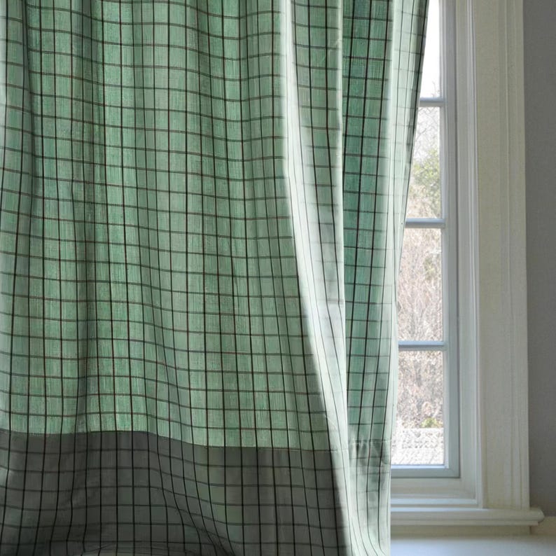 Modern Green Plaid Curtain, Minimalist Window Treatment for Living Room ...