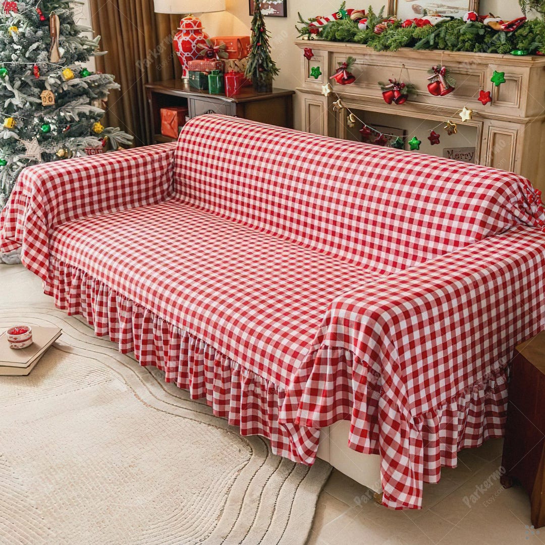 Red Plaid Sofa Cover, Vintage Ruffle Couch Slipcover - Etsy