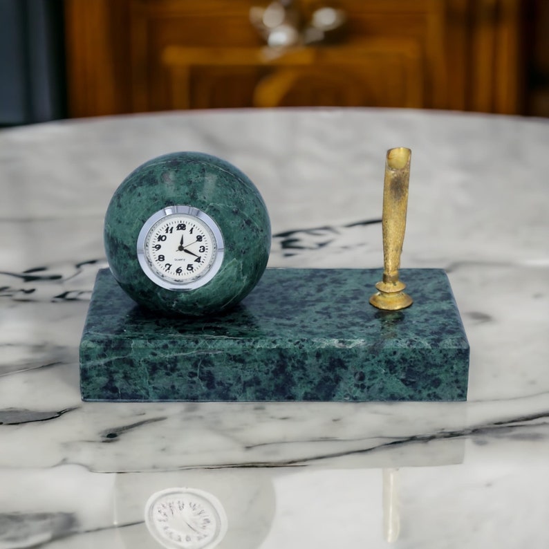 Green Marble Quartz Clock ,desk & Table Clock , Handmade With a Holder ...