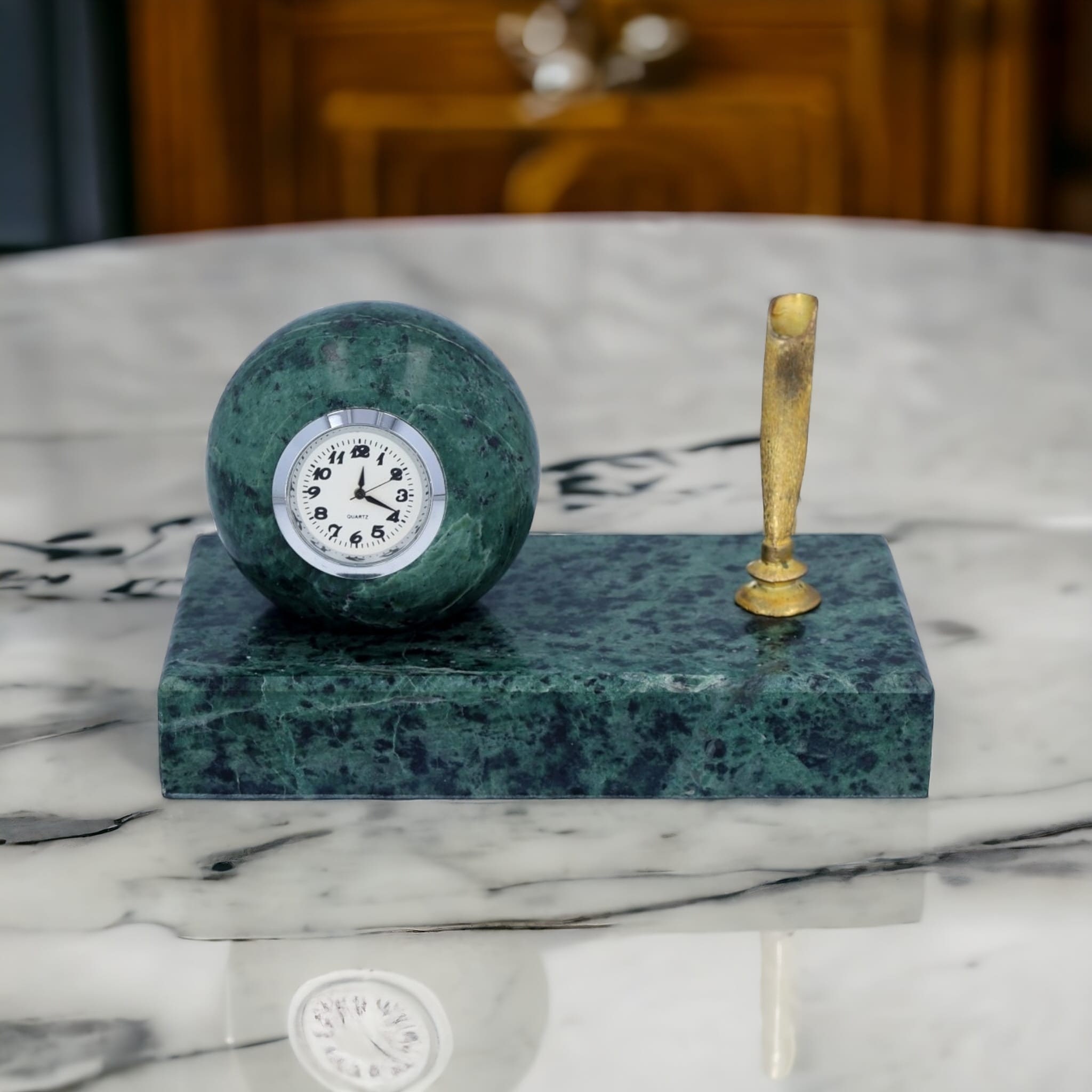 Green Marble Quartz Clock ,desk & Table Clock , Handmade With a Holder ...