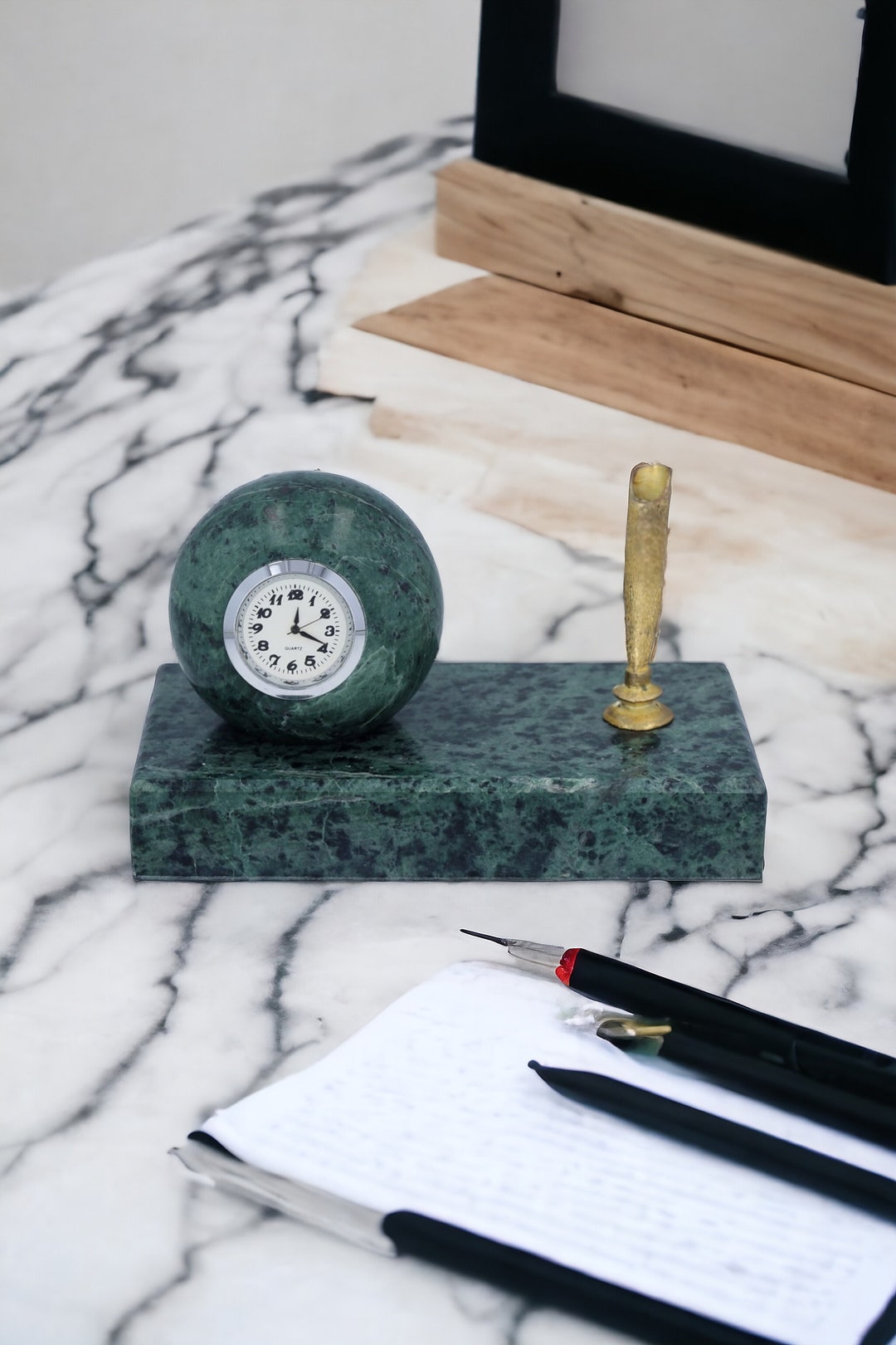 Green Marble Quartz Clock ,desk & Table Clock , Handmade With a Holder ...