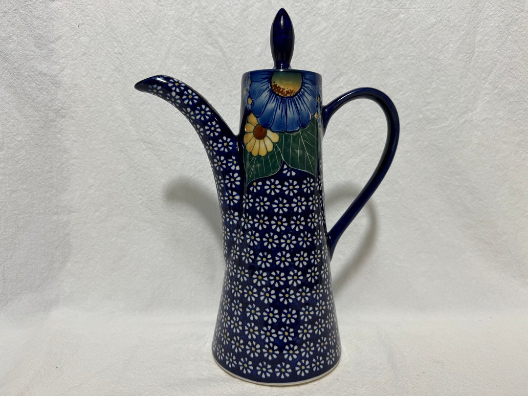 Unikat Polish Pottery Opus WR Pitcher Lid Spout Handle, Blue Daisy ...