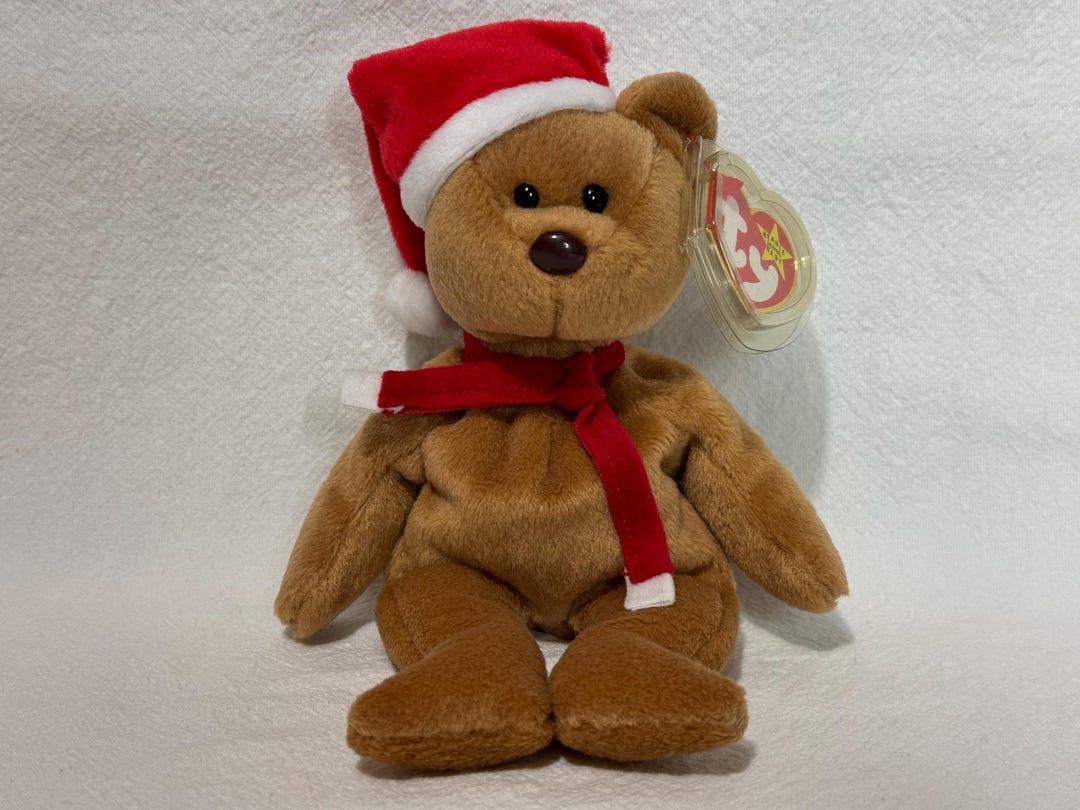 TY Christmas Holiday Teddy Bear Beanie Baby Brown W/ Santa Hat Scarf PE ...