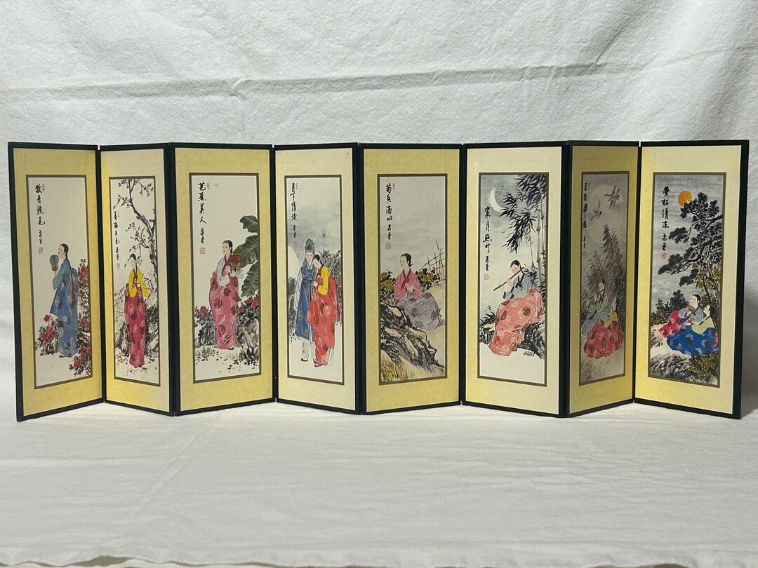 Vintage Japanese Table Screen, Byobu, 8 Different Panels, Double Sided ...