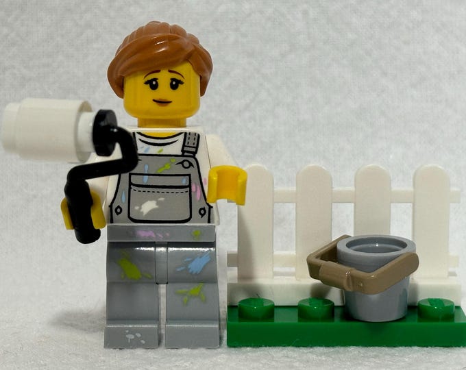 Lego Female Painter Minifigure With Paint Roller Bucket and Fence From ...
