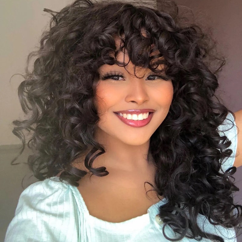 Black Curly Wig for Women 2c Curls 3c Curly Wig With Bangs 17 - Etsy ...