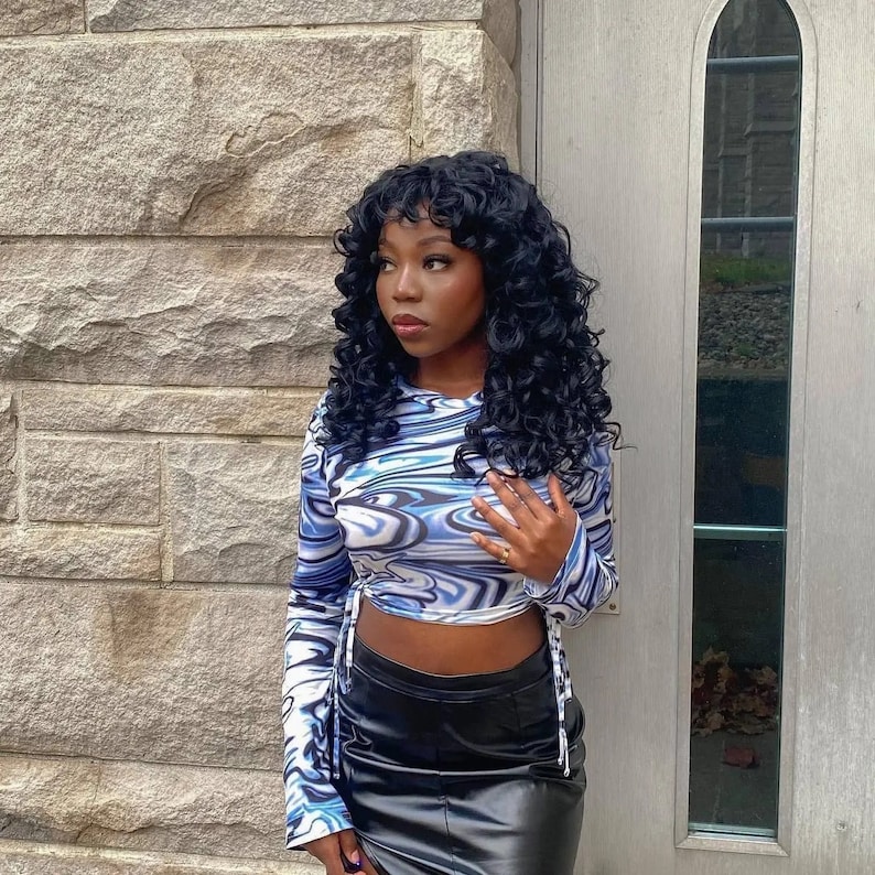 Black Curly Wig For Women 2c Curls 3c Curly Wig With Bangs 17 Inch