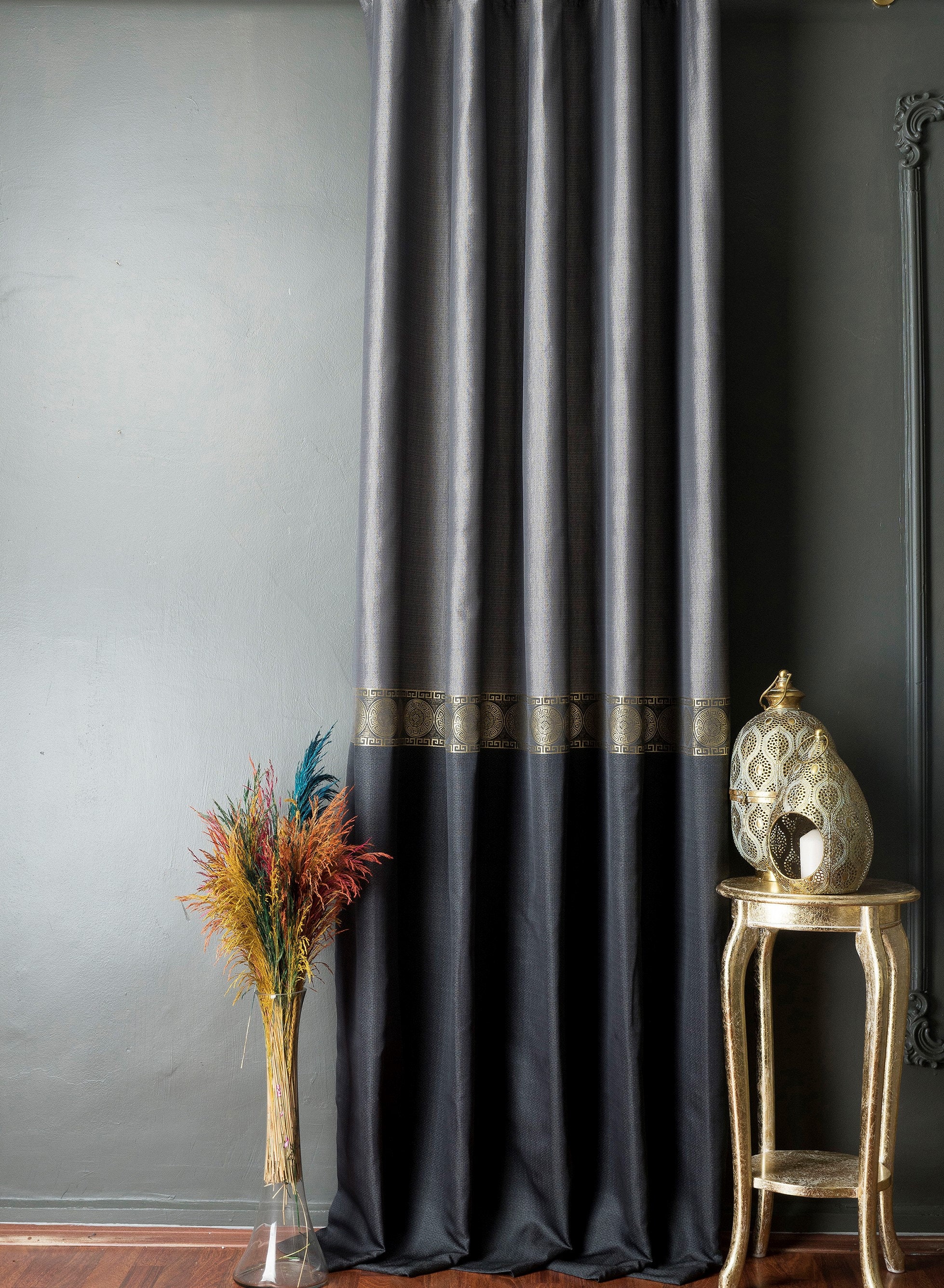 Luxury Curtains Panel Gray Gold Patterned Damask Striped Fabric for ...