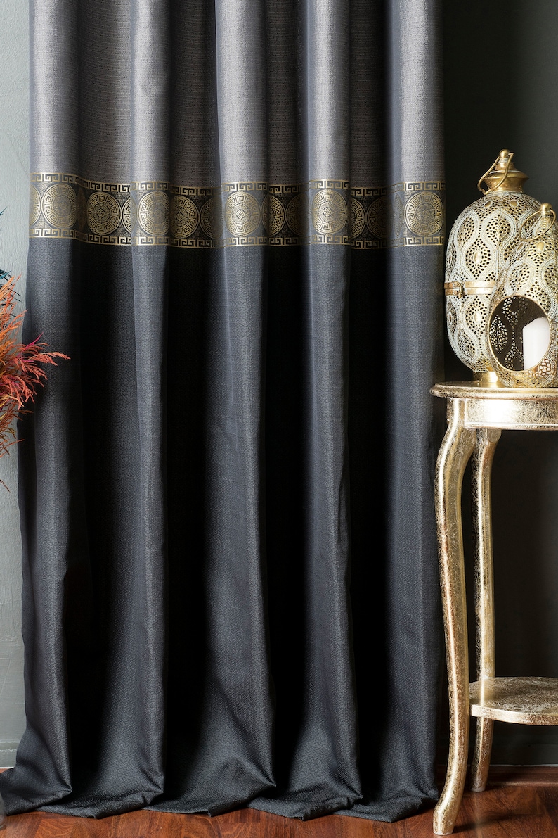 Luxury Curtains Panel Gray Gold Patterned Damask Striped Fabric for ...
