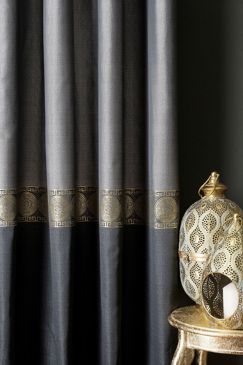 Luxury Curtains Panel Gray Gold Patterned Damask Striped Fabric for ...