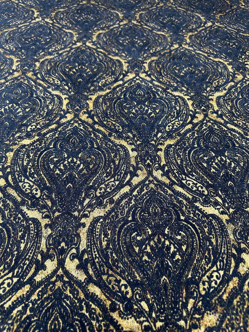 Navy Blue Gold Victorian Curtain, Damask Chenille Drapes, Extra Long ...