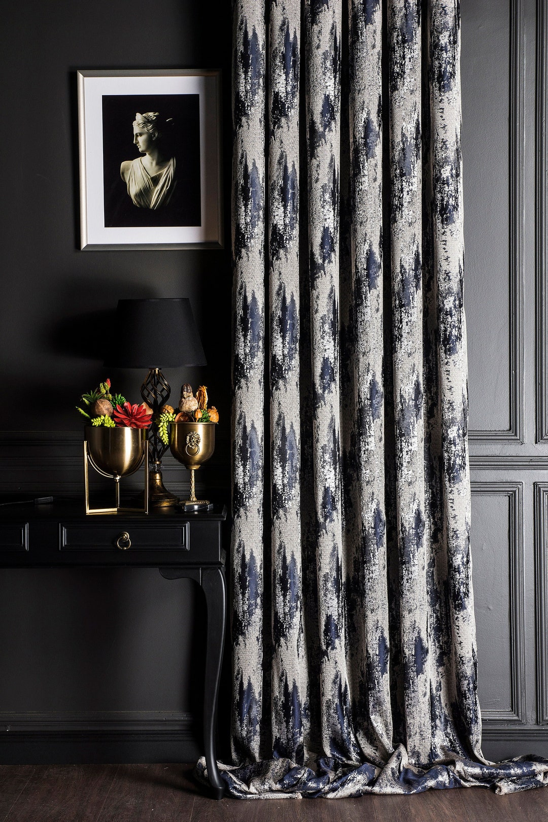 Navy Blue Gray Curtains Panel luxury Curtains Bedroom Livingroom Diningroom patterned Striped Custom Size Drape geometric Jacquard Curtains Etsy