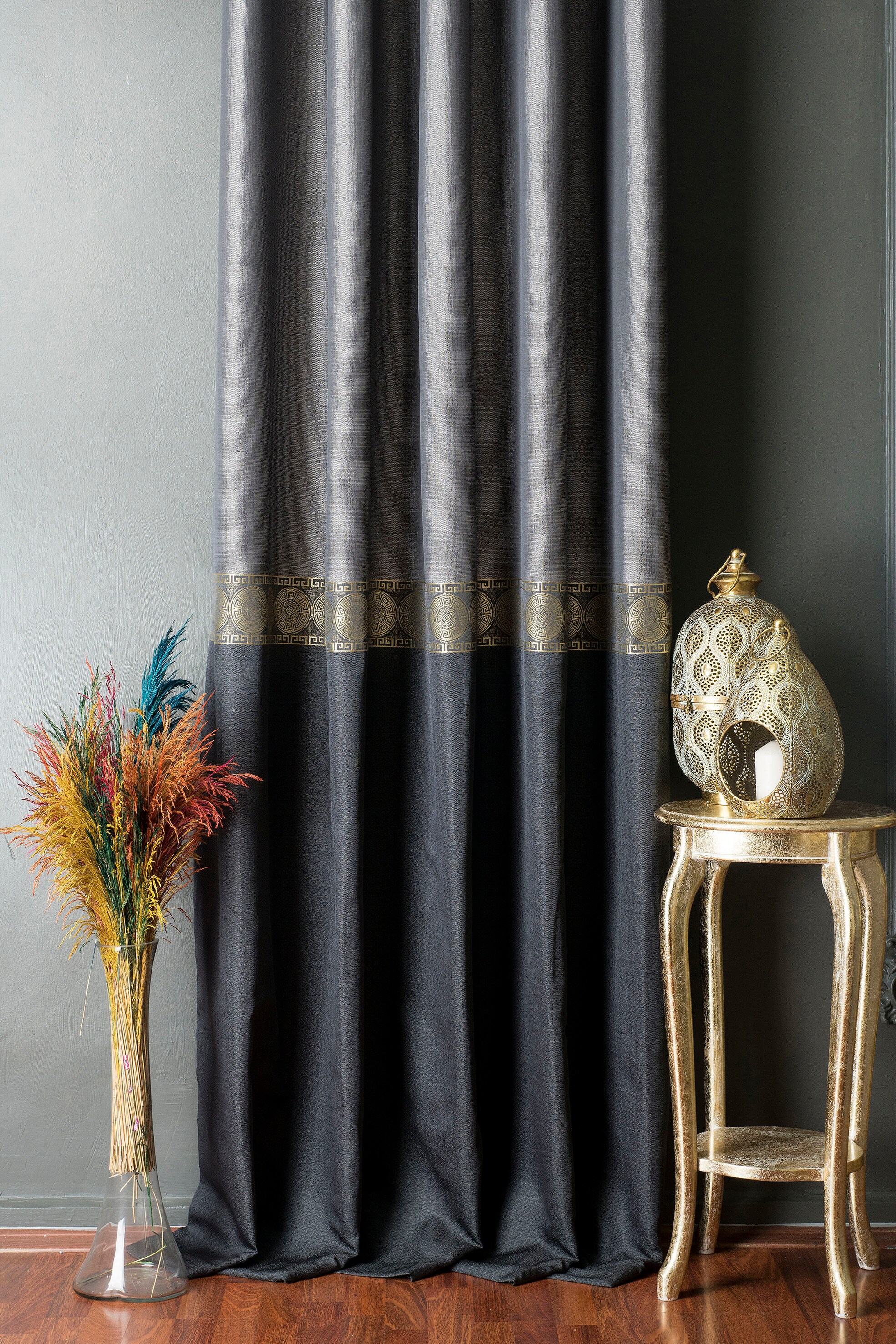 Luxury Curtains Panel Gray Gold Patterned Damask Striped Fabric for ...