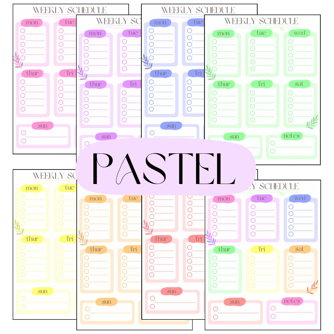 Printable Weekly Schedule | Pastel Rainbow Color Pack | 8 Color Designs ...