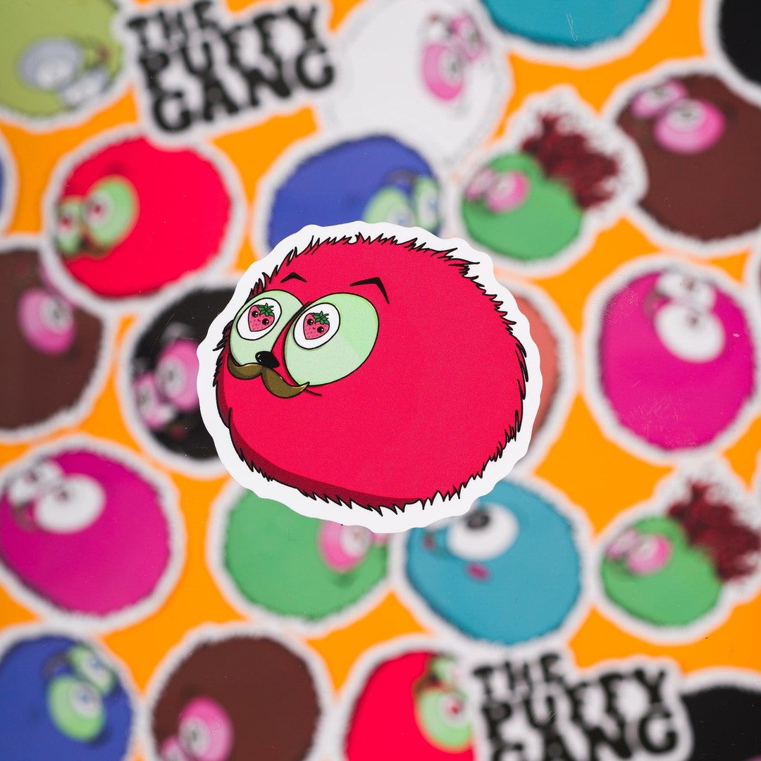 Strawberrystache Red Puff Sticker With Strawberry Eyes & Mustache ...