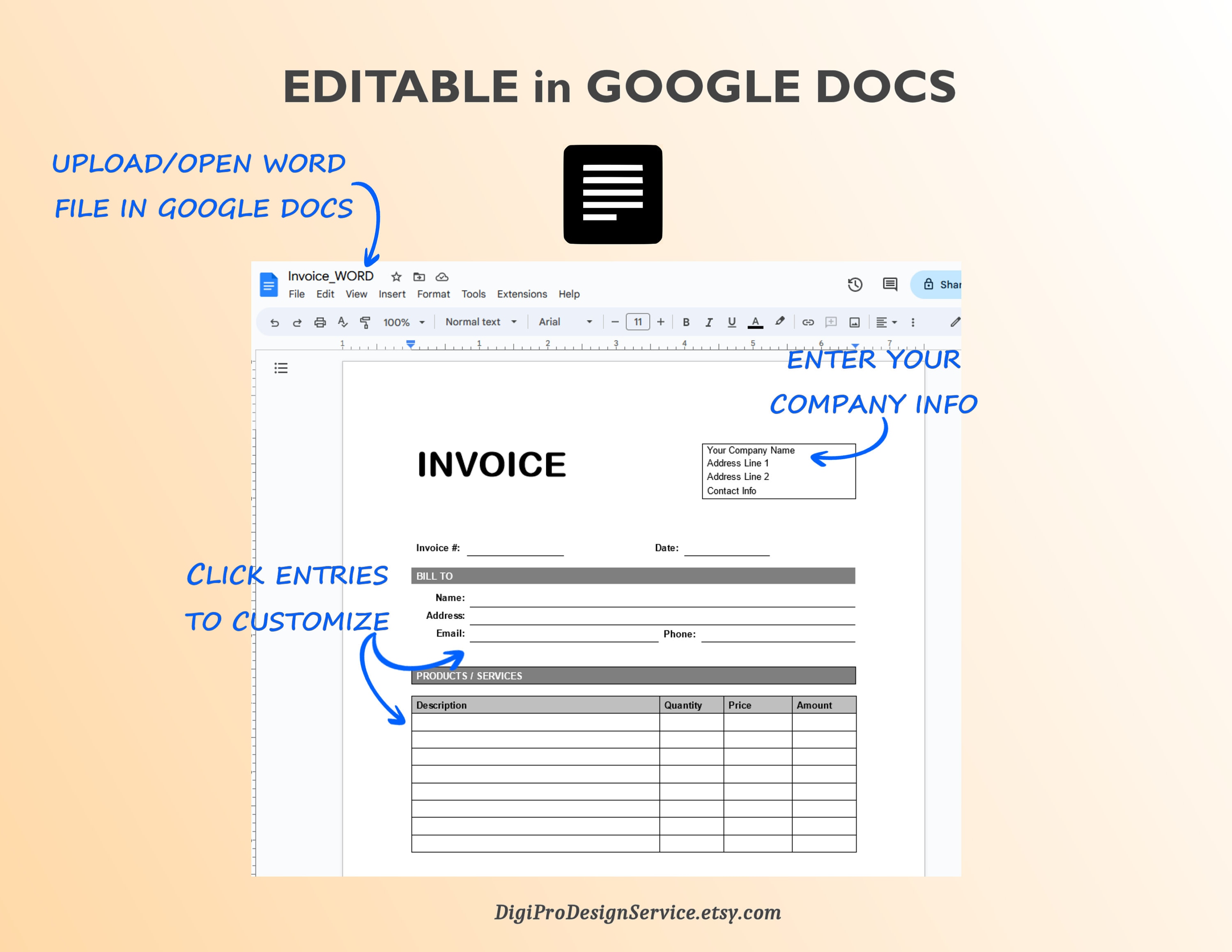 Editable Invoice Template: Printable Business Form (PDF, Word, Google ...