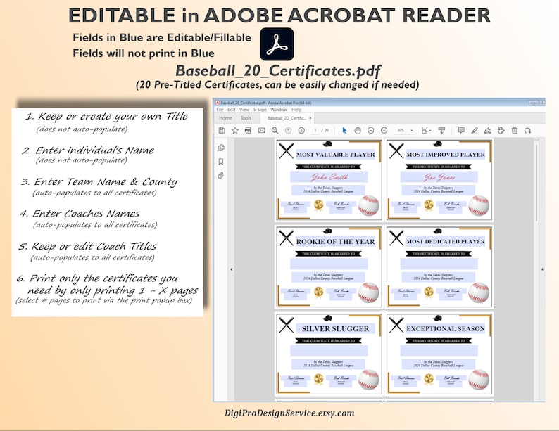 Editable Baseball Award Certificates: 21 PDF Templates (instant ...