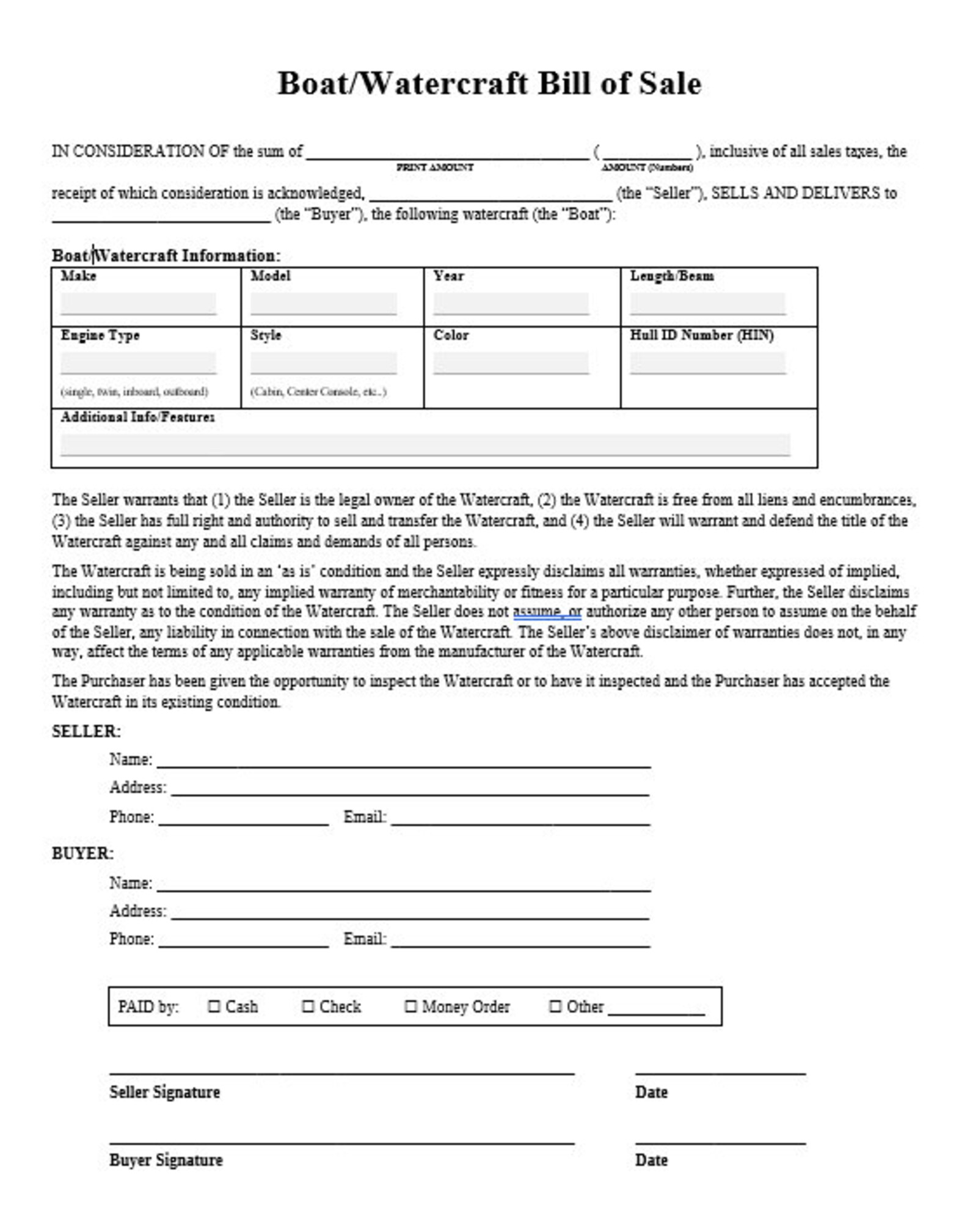 Boat/watercraft Bill of Sale - Fully Editable in Word, PDF or Google ...