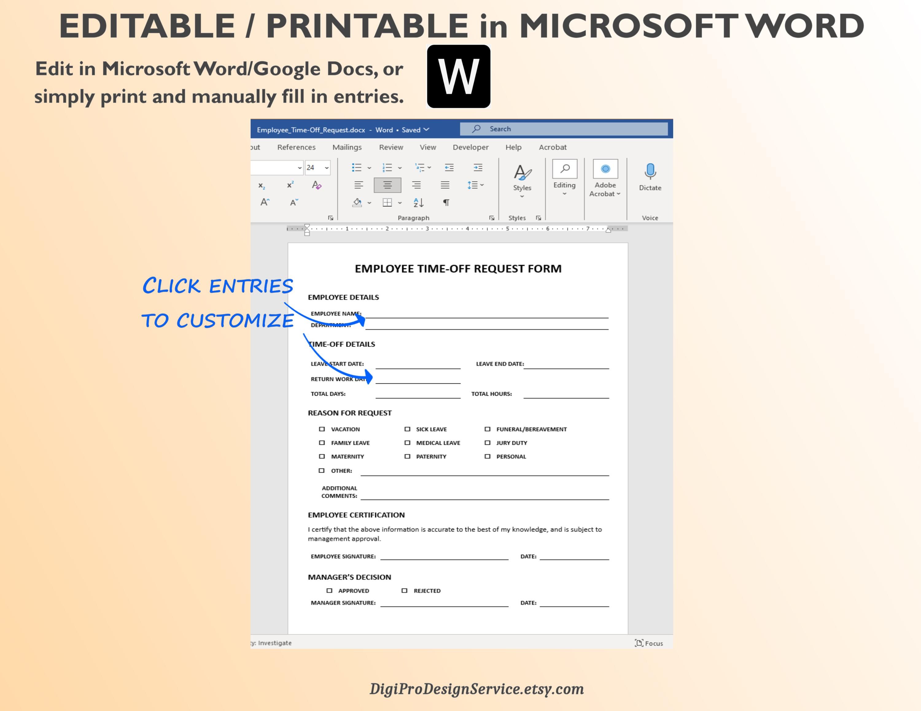 Employee Time off Request Form: Editable Fillable Template (PDF, Word ...