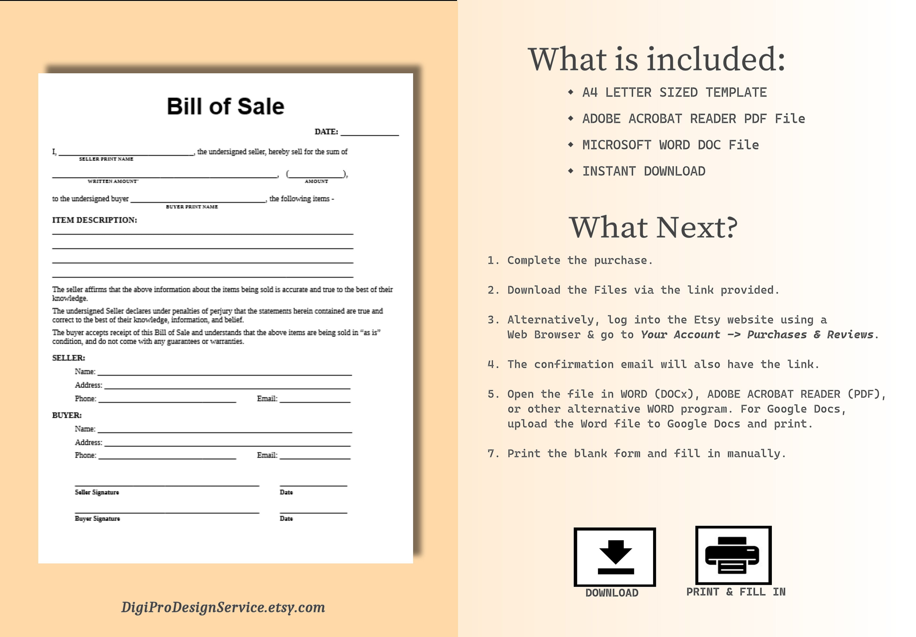 Bill of Sale Template/form, Print & Hand Write Entries. Print in Word ...