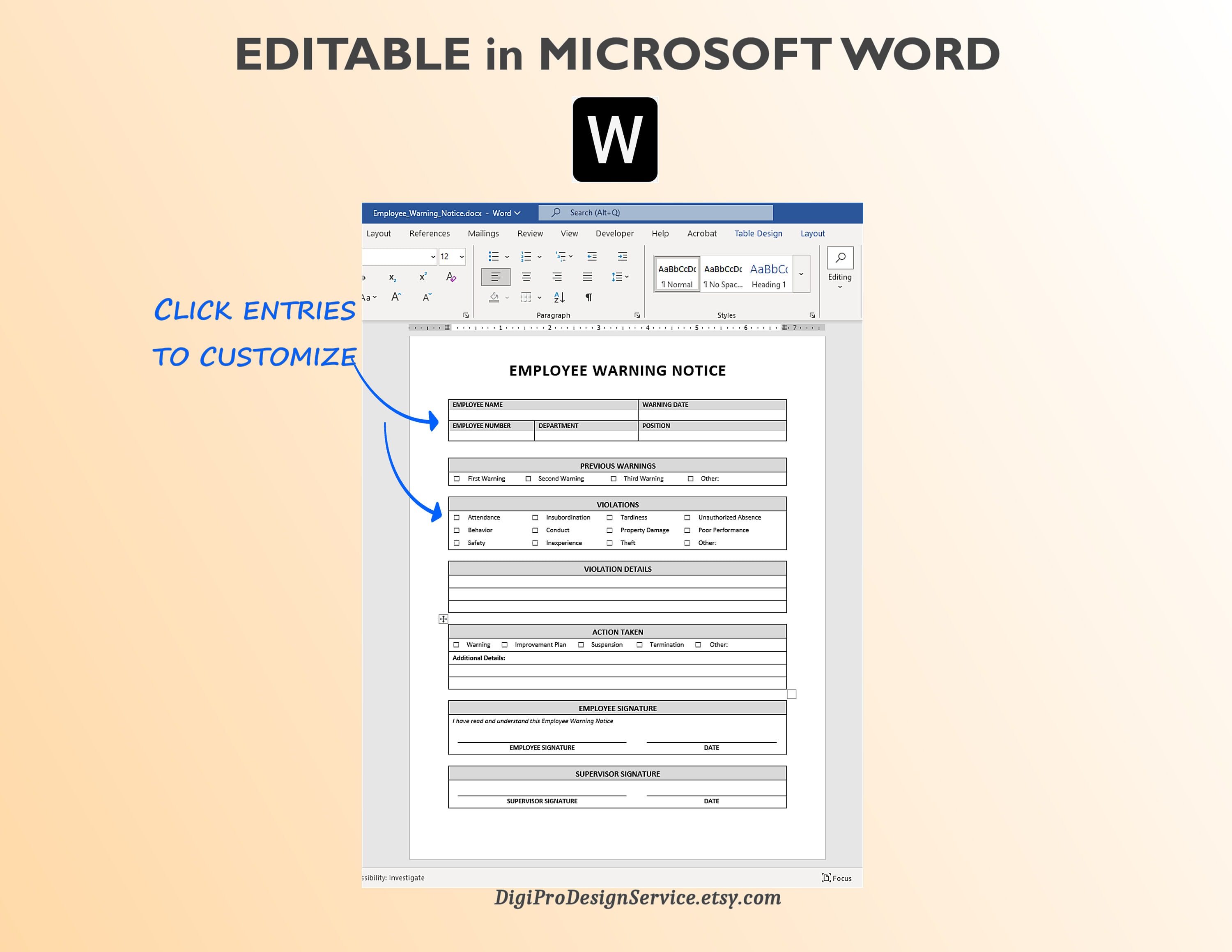 Employee Warning Notice Form: Editable PDF & Word Template - Etsy