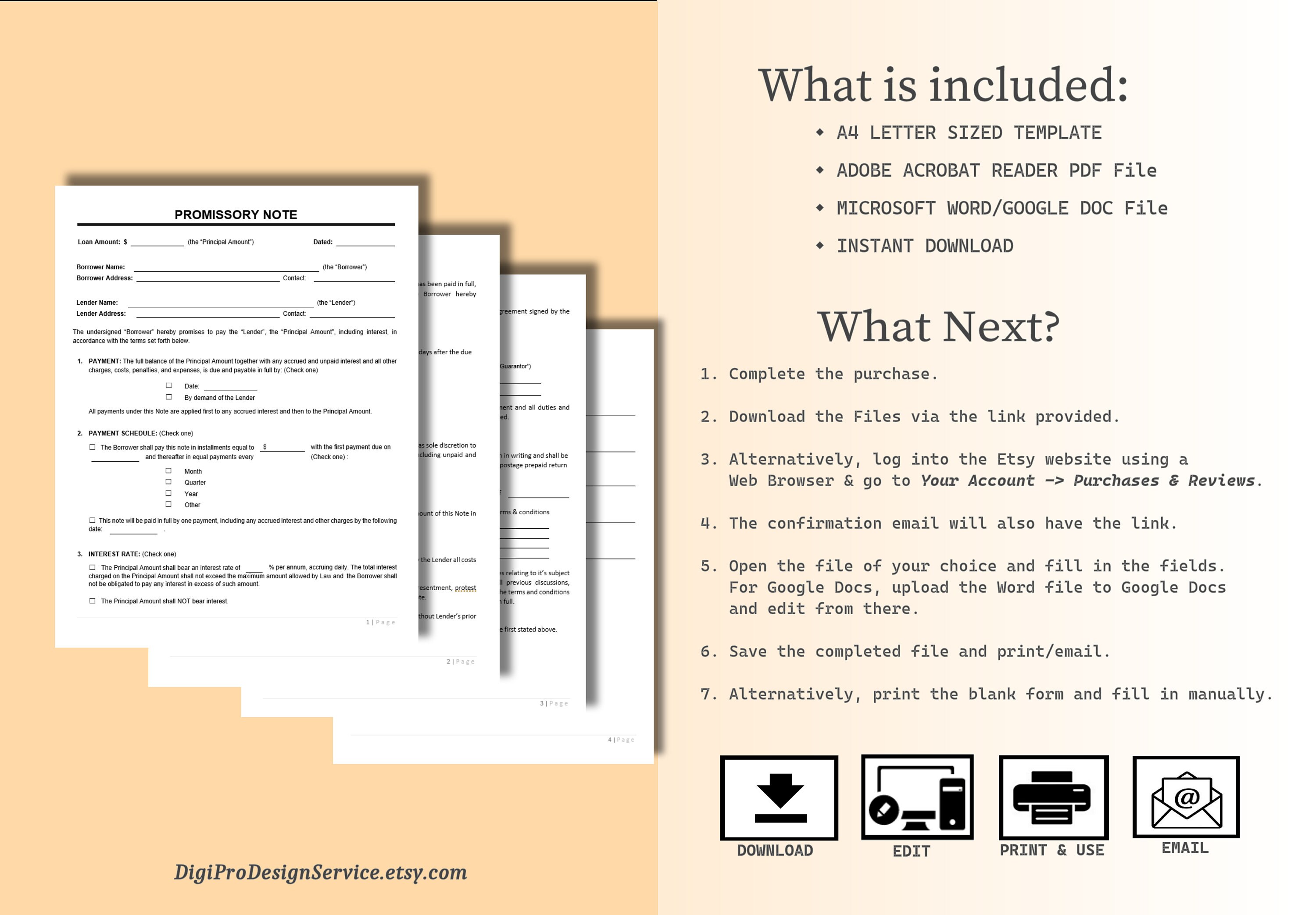 Editable Promissory Note Template (WORD & PDF) - Etsy