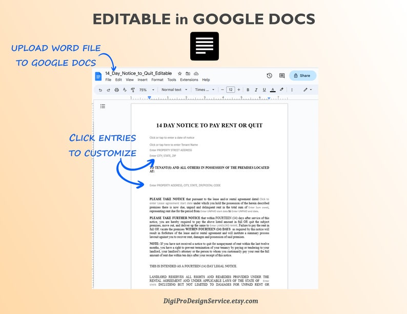 30-day Notice to Pay Rent or Quit - Editable Template (PDF, Word, Google Docs) - Etsy