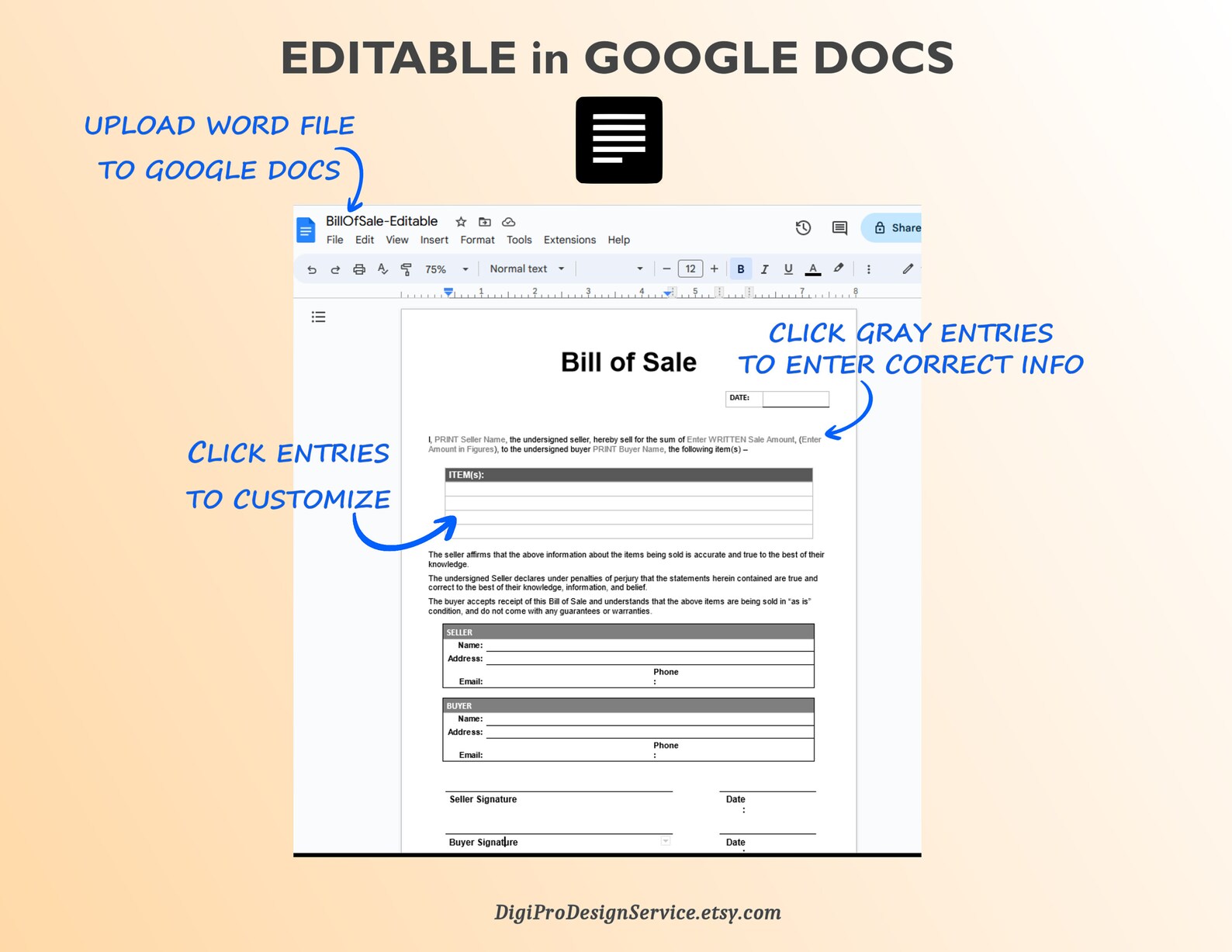 Bill of Sale Document, Fully Editable in WORD, PDF & Google Docs. Sale ...