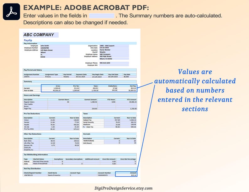 Editable Pay Stub Template: Auto-calculating Pdf/word - Etsy