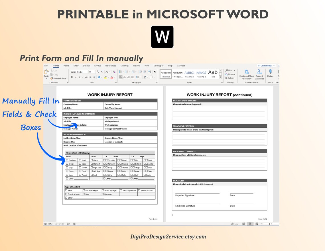 Work Injury Report Form: Printable & Editable PDF, Word Template - Etsy