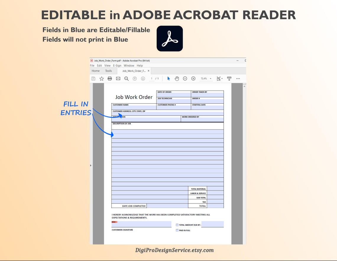 Job Work Order Form - Editable in Microsoft Word, Adobe Acrobat PDF or ...