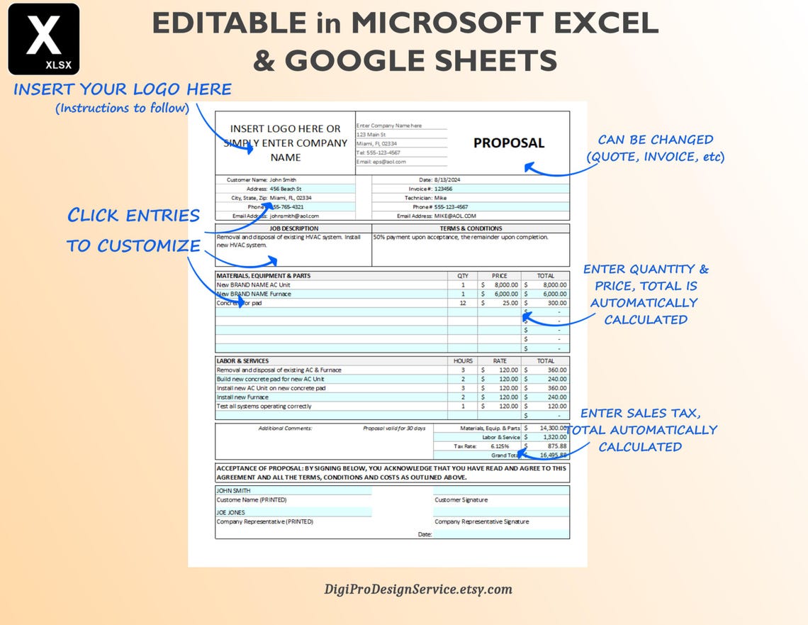 Editable HVAC Proposal Template: Excel, Word, PDF, Google Sheets - Etsy