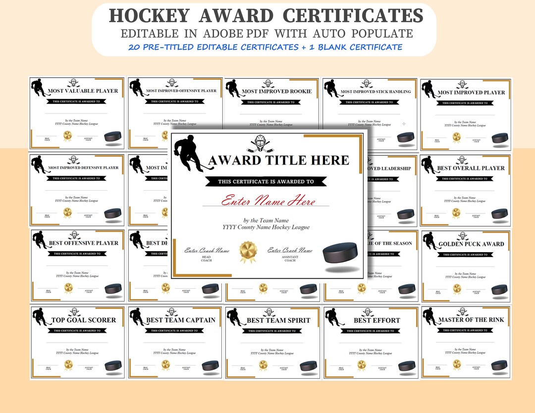 Hockey Certificate Award Bundle, Fully Editable/printable in Adobe PDF ...